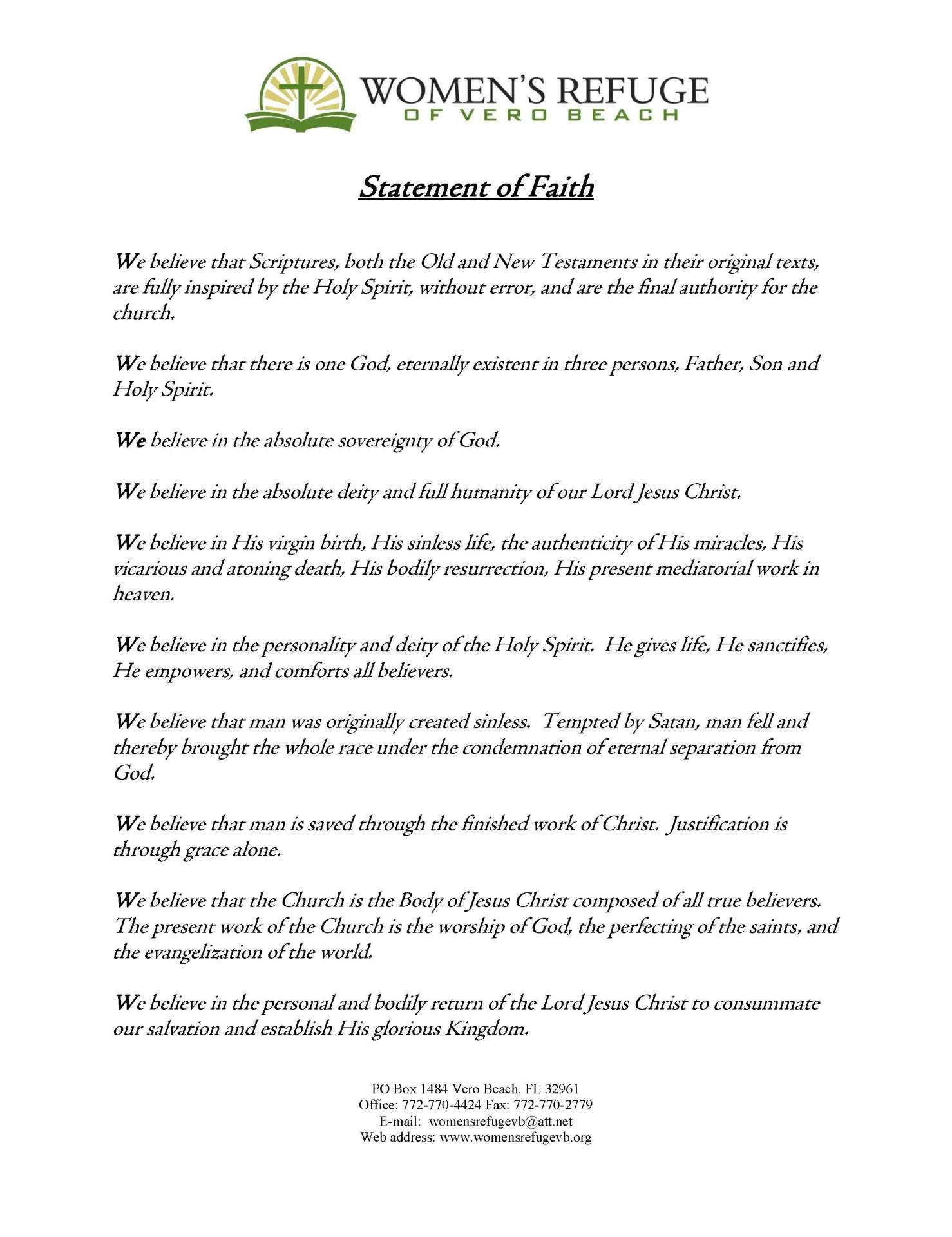 Statement of Faith - WomensRefugeVB.org